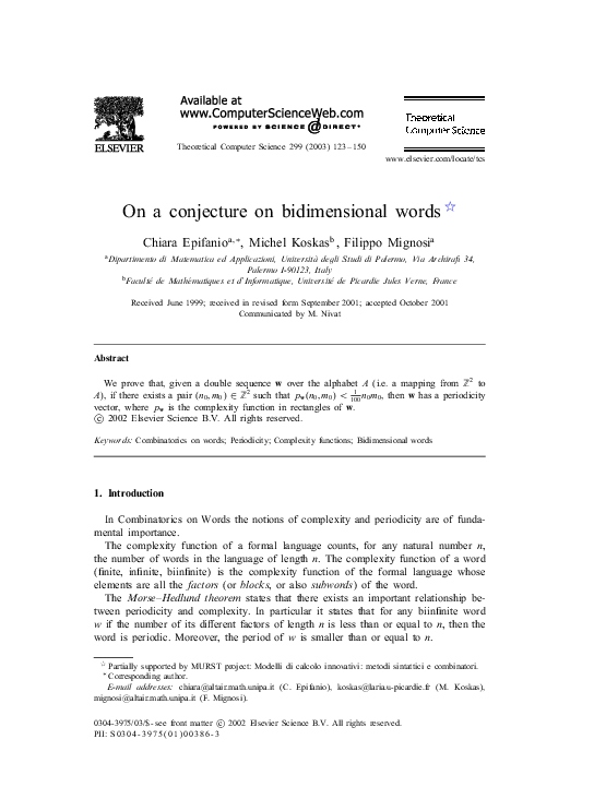 (PDF) On a conjecture on bidimensional words