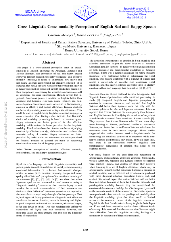 (PDF) Cross-linguistic cross-modality perception of English sad and happy speech | Donna ...