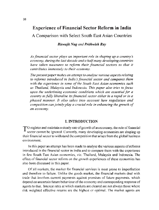 (PDF) Experience of Financial Sector Reform in India