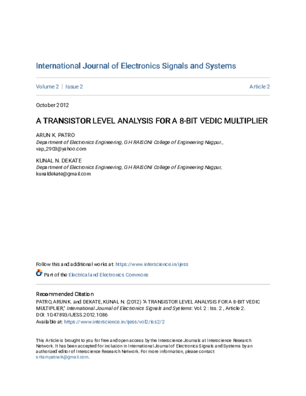 (PDF) A Transistor Level Analysis for a 8-BIT Vedic Multiplier