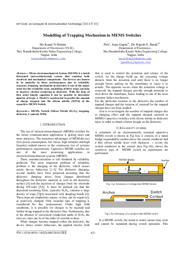 (PDF) Modelling of trapping mechanism in MEMS switches