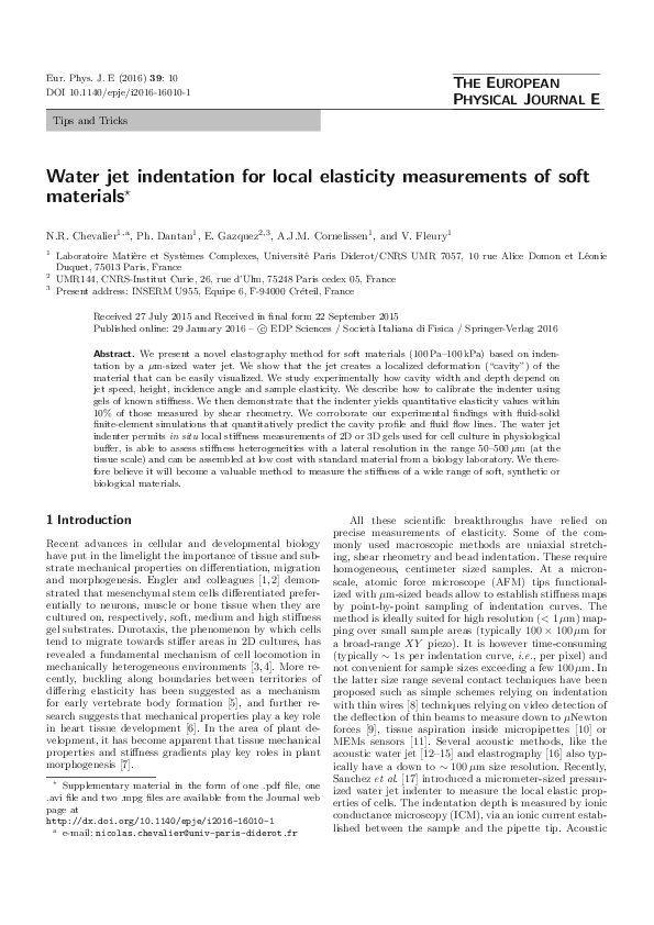 (PDF) Water jet indentation for local elasticity measurements of soft materials