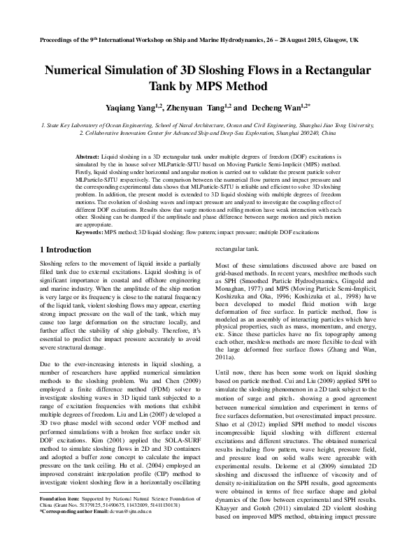 Pdf Numerical Simulation Of 3d Sloshing Flows In A Rectangular Tank