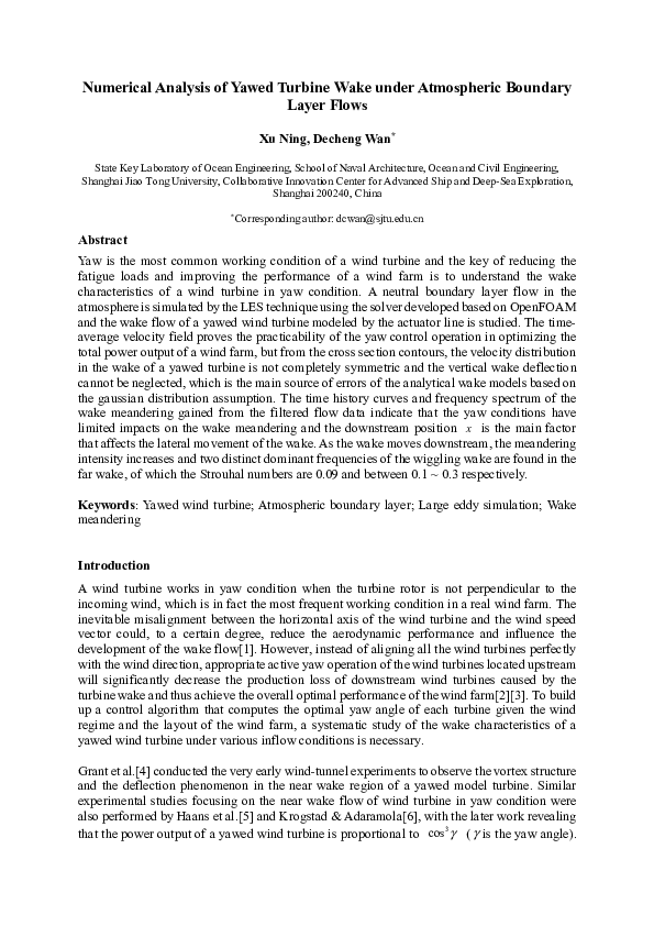 (PDF) Numerical Analysis of Yawed Turbine Wake under Atmospheric Boundary Layer Flows