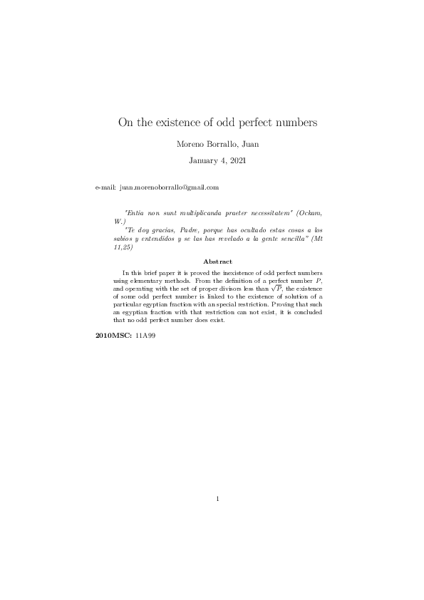 (PDF) On the Existence of Odd Perfect Numbers