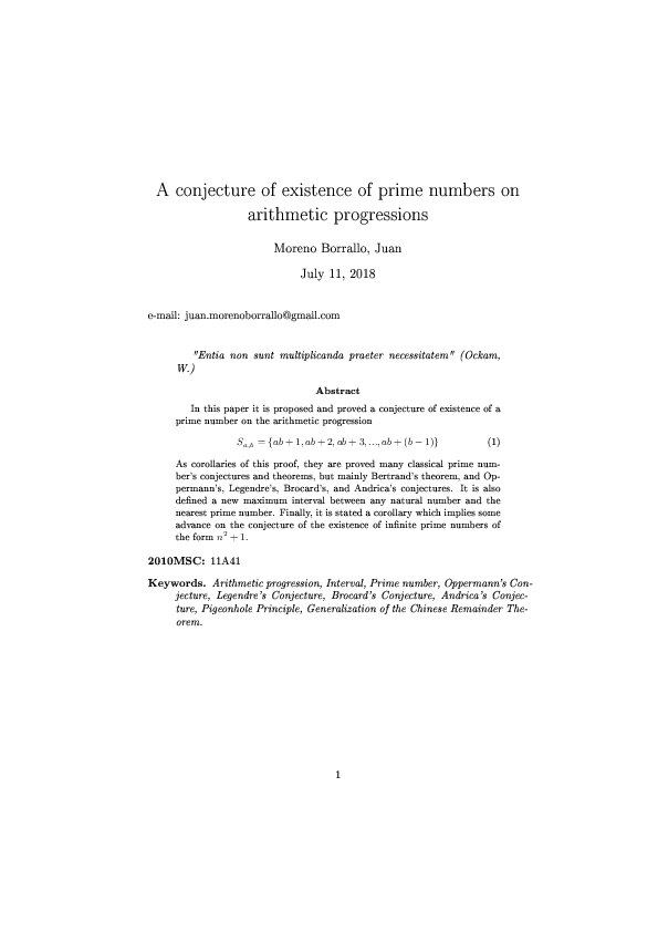 (PDF) A Conjecture of Existence of Prime Numbers in Arithmetic Progressions | JUAN Moreno ...