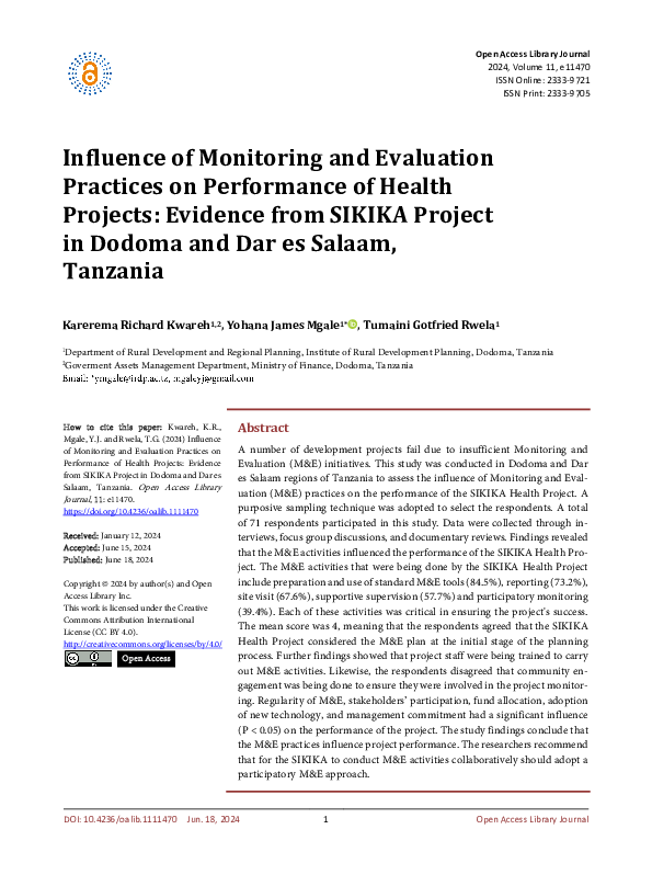 (PDF) Influence of Monitoring and Evaluation Practices on Performance of Health Projects ...