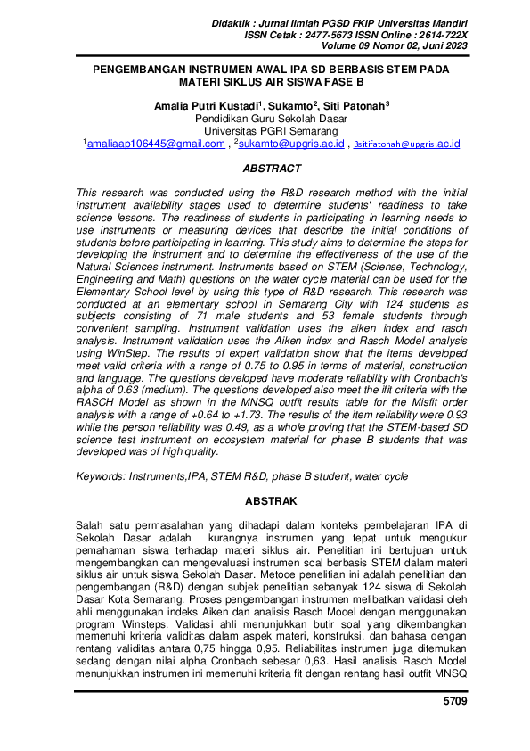 (PDF) Pengembangan Instrumen Awal Ipa SD Berbasis Stem Pada Materi Siklus Air Siswa Fase B
