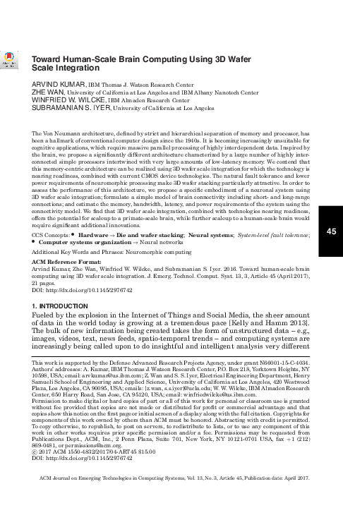 (PDF) Toward Human-Scale Brain Computing Using 3D Wafer Scale Integration
