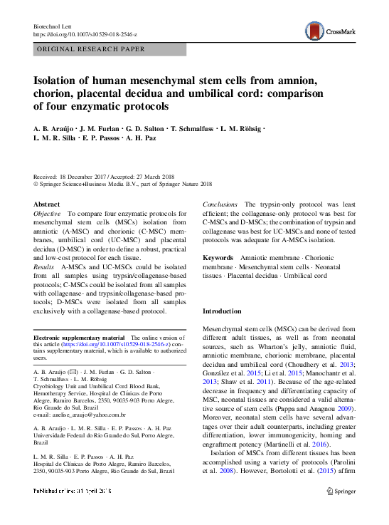 (PDF) Isolation of human mesenchymal stem cells from amnion, chorion, placental decidua and ...