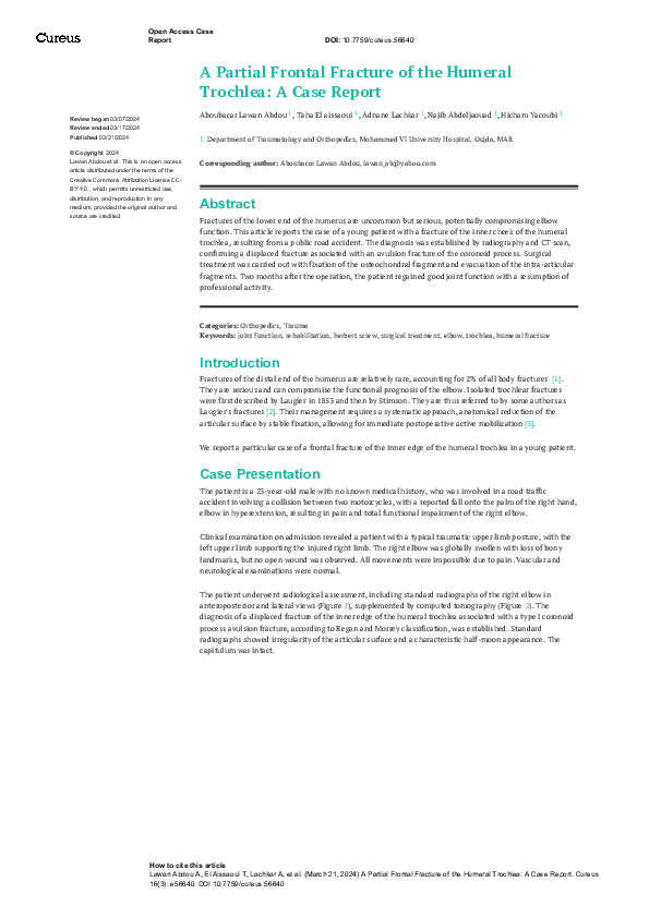 (PDF) A Partial Frontal Fracture of the Humeral Trochlea: A Case Report