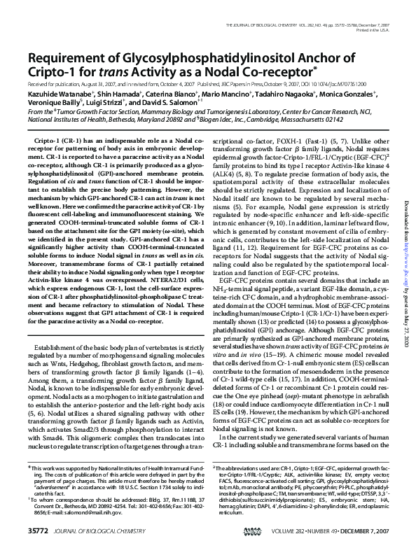 (PDF) Requirement of Glycosylphosphatidylinositol Anchor of Cripto-1 for trans Activity as a ...