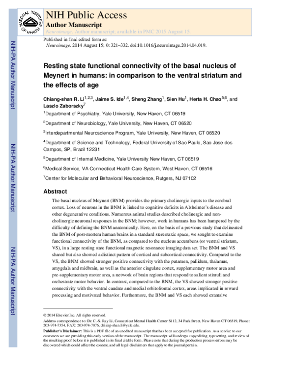 (PDF) Resting state functional connectivity of the basal nucleus of ...