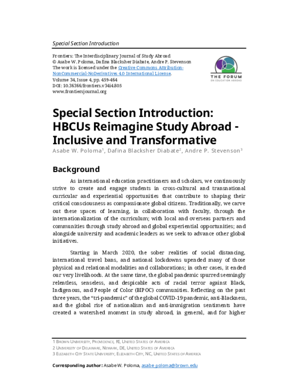 (PDF) Special Section Introduction: HBCUs Reimagine Study Abroad - Inclusive and Transformative