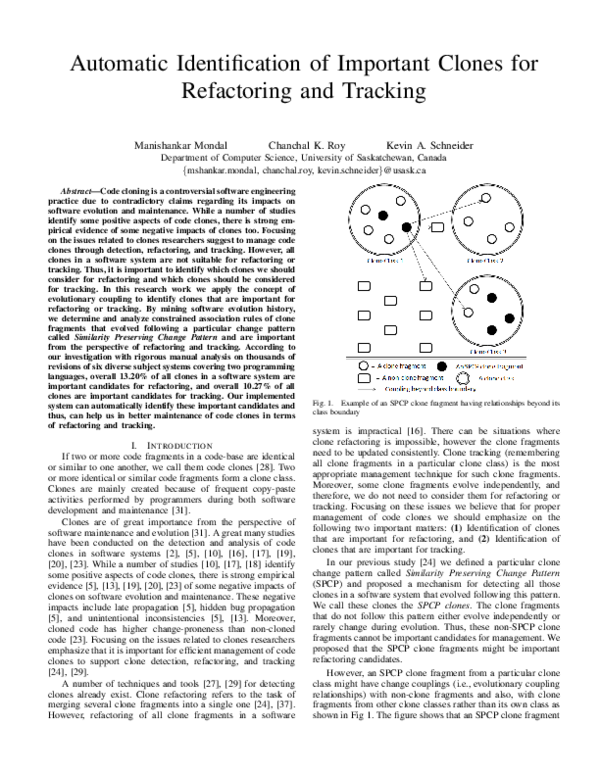 (PDF) Automatic Identification of Important Clones for Refactoring and Tracking