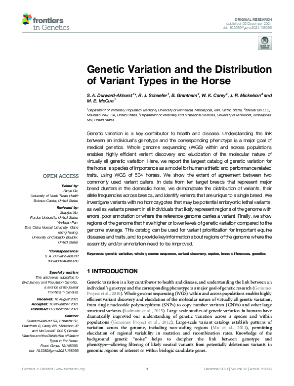 (PDF) Genetic Variation and the Distribution of Variant Types in the Horse