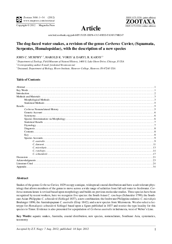 (PDF) The dog-faced water snakes, a revision of the genus Cerberus ...