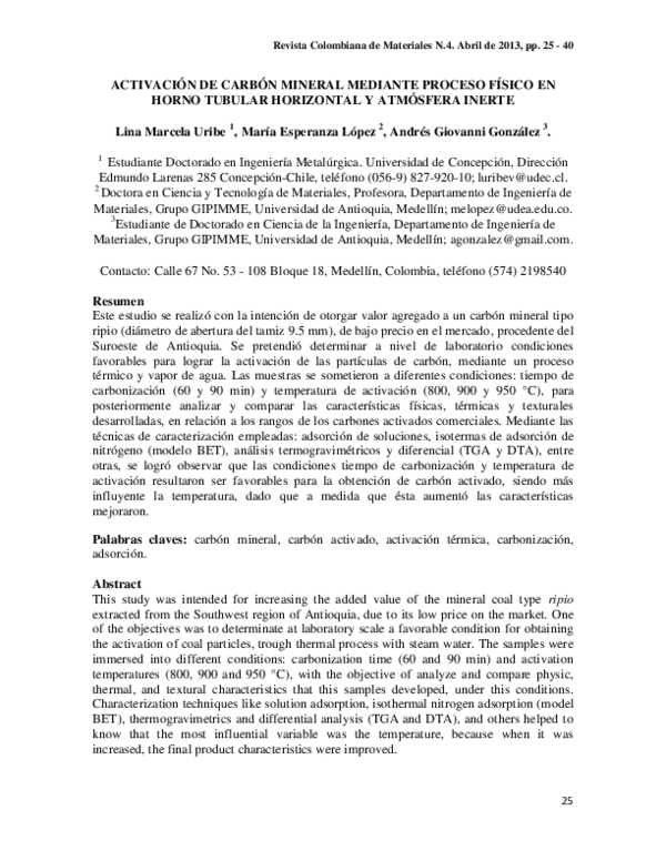(PDF) Activación De Carbón Mineral Mediante Proceso Físico en Horno ...