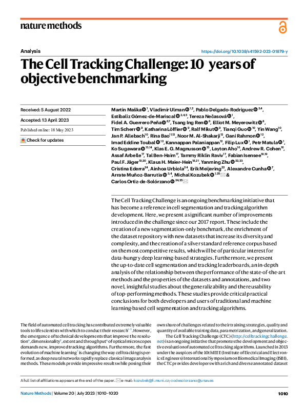 (PDF) The Cell Tracking Challenge: 10 years of objective benchmarking