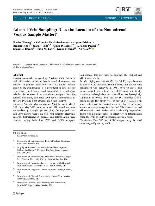 Adrenal Vein Sampling: Does the Location of the Non-adrenal Venous Sample Matter?