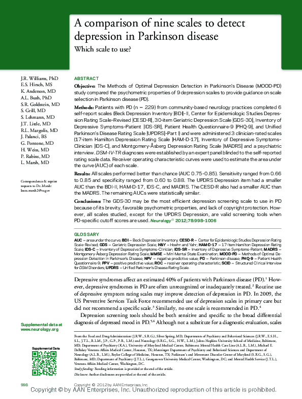 (PDF) A comparison of nine scales to detect depression in Parkinson ...