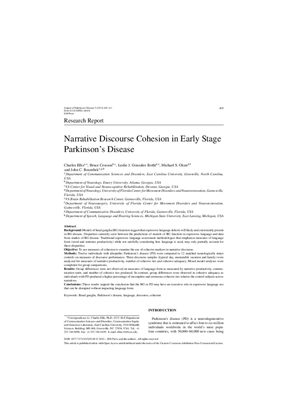 (PDF) Narrative Discourse Cohesion in Early Stage Parkinson’s Disease