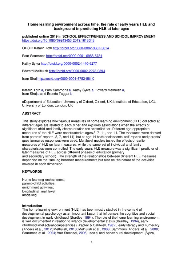 (PDF) Home learning environment across time: the role of early years ...