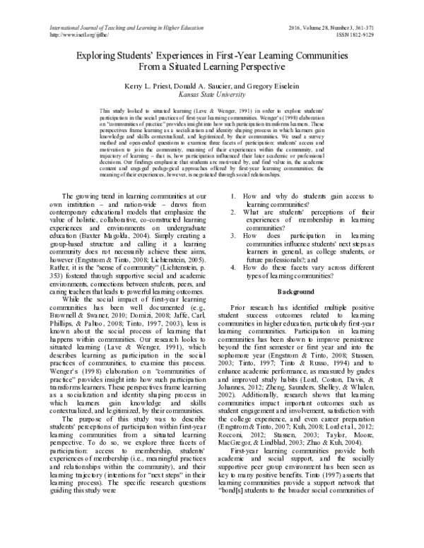 (PDF) Exploring Students' Experiences in First-Year Learning Communities from a Situated ...