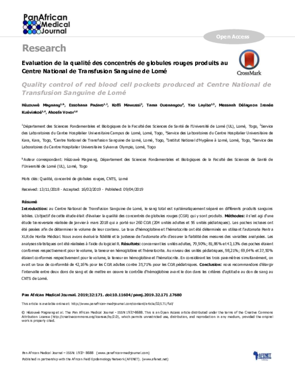 (PDF) Evaluation de la qualité des concentrés de globules rouges ...