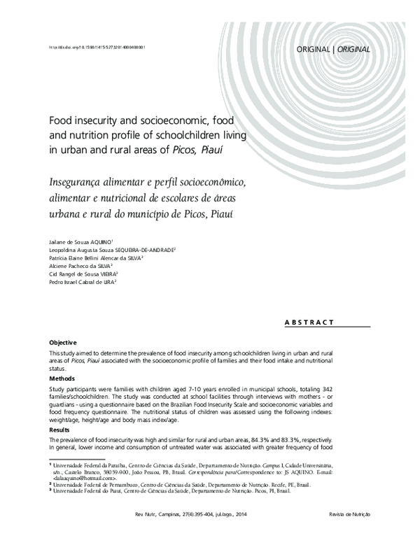 (PDF) Food insecurity and socioeconomic, food and nutrition profile of ...