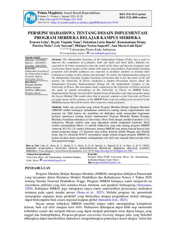 (PDF) Persepsi Mahasiswa Tentang Desain Implementasi Program Merdeka ...