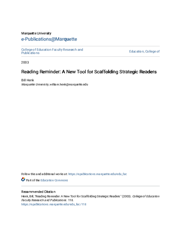 (PDF) Reading Reminder: A New Tool for Scaffolding Strategic Readers