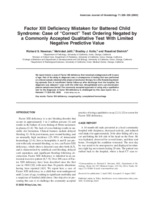(PDF) Factor XIII deficiency mistaken for battered child syndrome: Case ...
