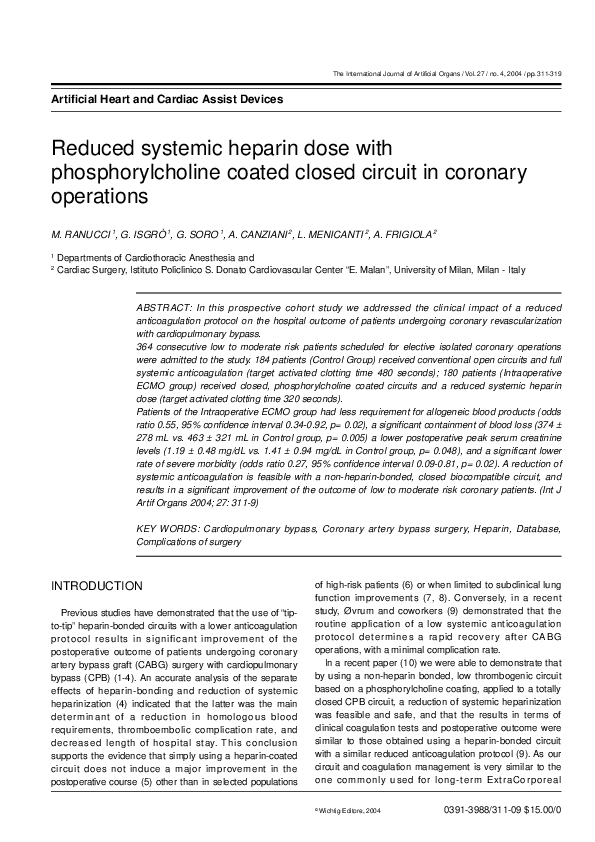 (PDF) Reduced Systemic Heparin Dose with Phosphorylcholine Coated ...