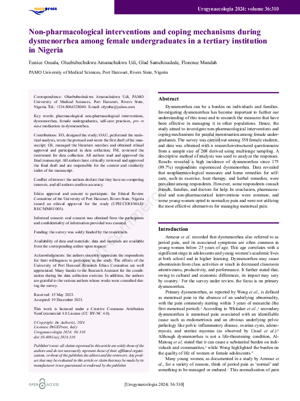 (PDF) Non-pharmacological interventions and coping mechanisms during dysmenorrhea among female ...