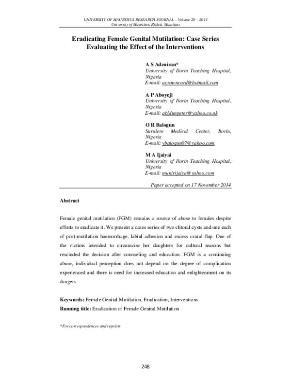 (PDF) Eradicating Female Genital Mutilation: Case Series Evaluating the Effect of the Interventions