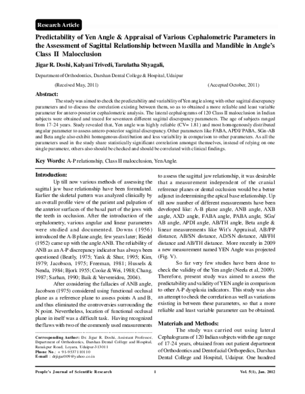 (PDF) Predictability of Yen Angle & Appraisal of Various Cephalometric ...