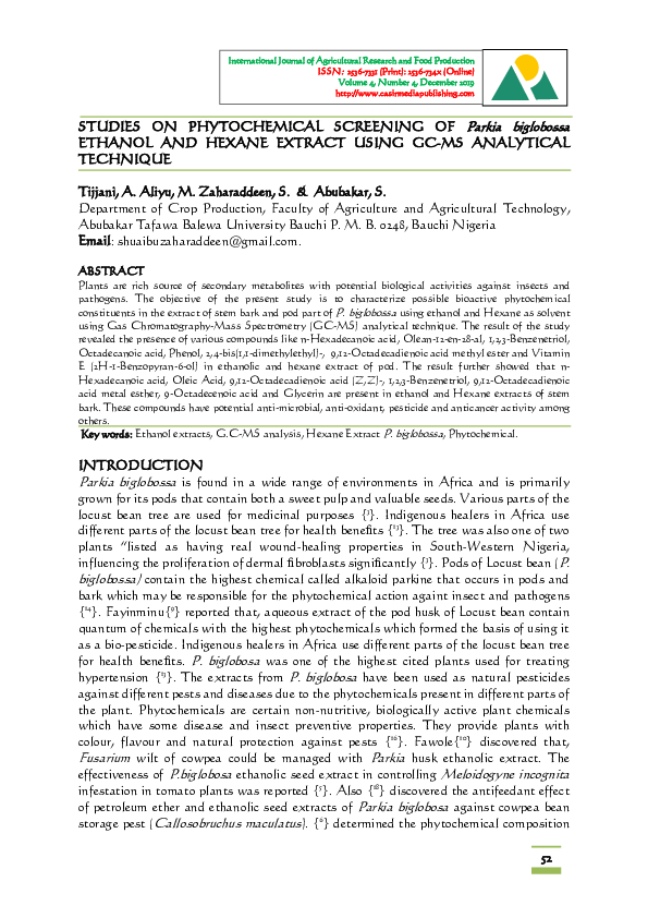 (PDF) STUDIES ON PHYTOCHEMICAL SCREENING OF Parkia biglobossa ETHANOL AND HEXANE EXTRACT USING ...