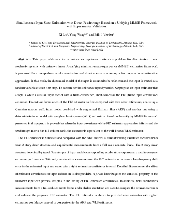 Pdf Simultaneous Input State Estimation With Direct Feedthrough Based