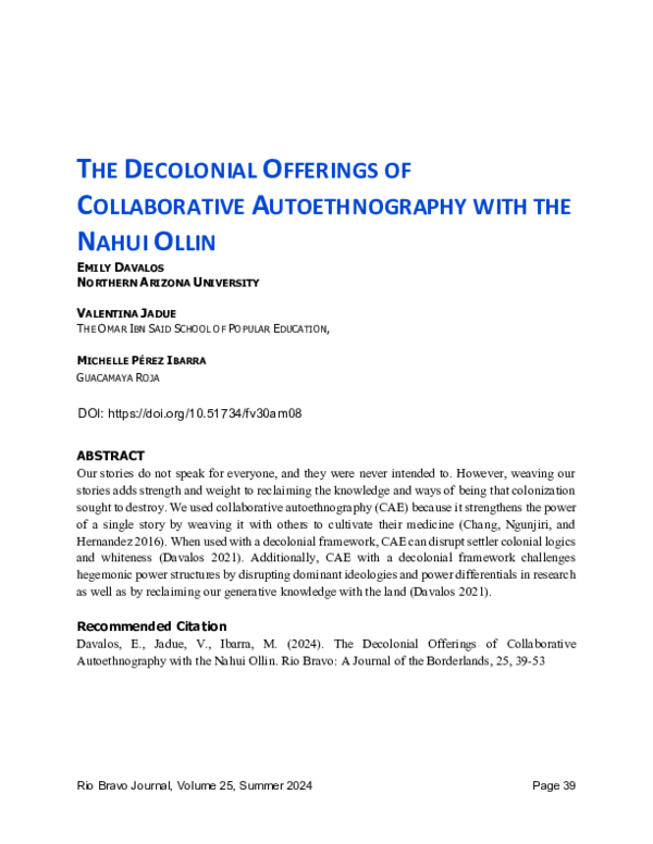 (PDF) The Decolonial Offerings of Collaborative Autoethnography with ...
