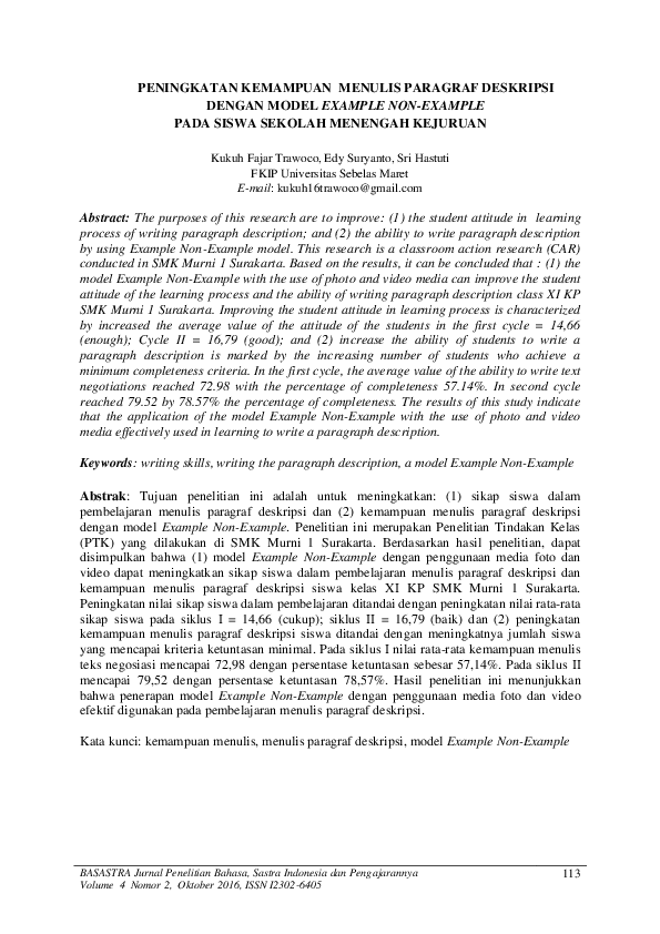 (PDF) Peningkatan Kemampuan Menulis Paragraf Deskripsi Dengan Model Example Non-Example Pada ...