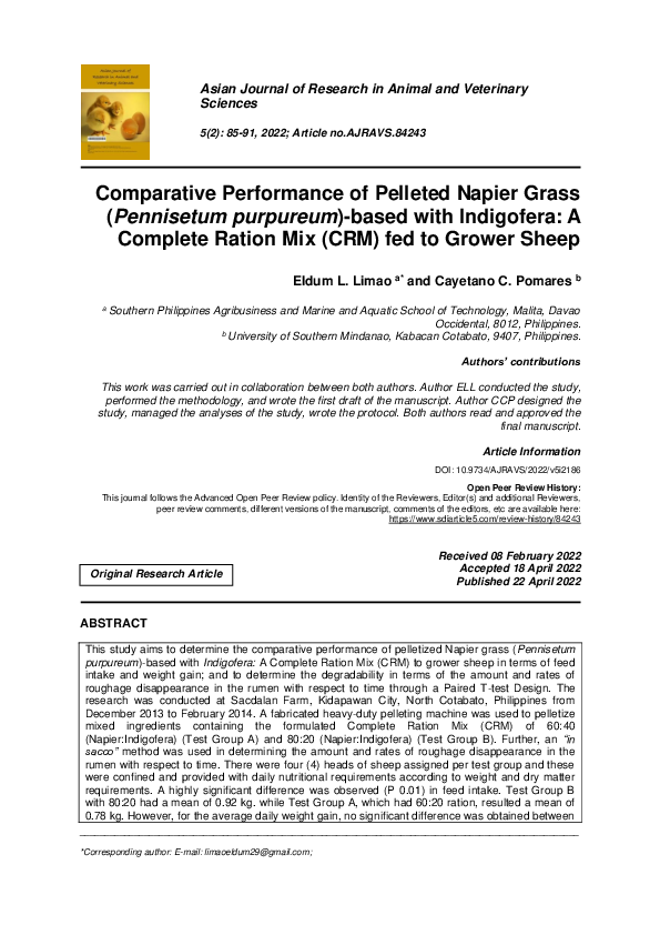 (PDF) Comparative Performance of Pelleted Napier Grass (Pennisetum ...