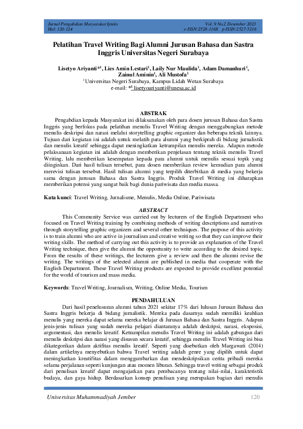 (PDF) Pelatihan Travel Writing Bagi Alumni Jurusan Bahasa dan Sastra Inggris Universitas Negeri ...