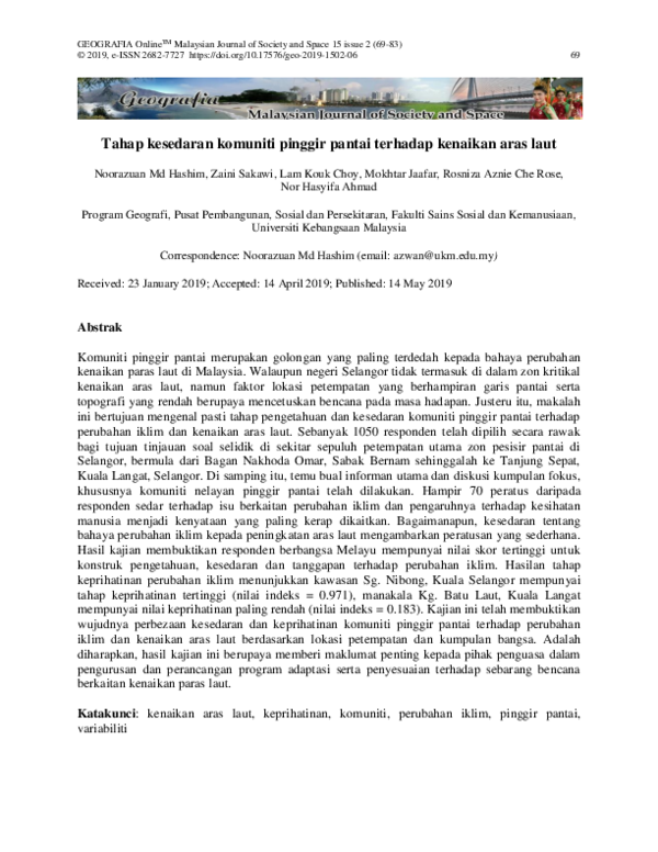 (PDF) Tahap kesedaran komuniti pinggir pantai terhadap kenaikan aras laut