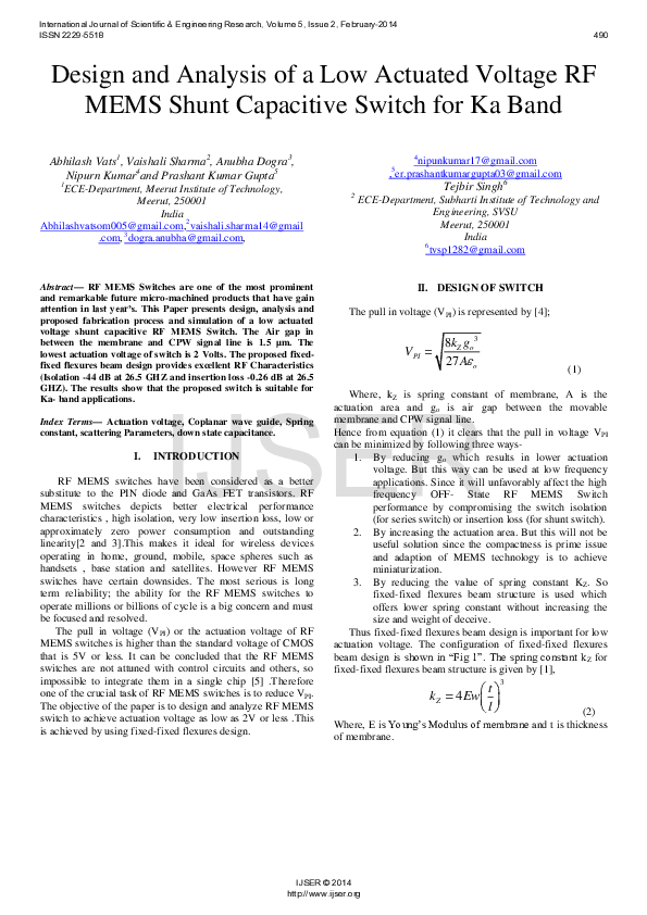 (PDF) Design and Analysis of a Low Actuated Voltage RF MEMS Shunt Capacitive Switch for Ka Band