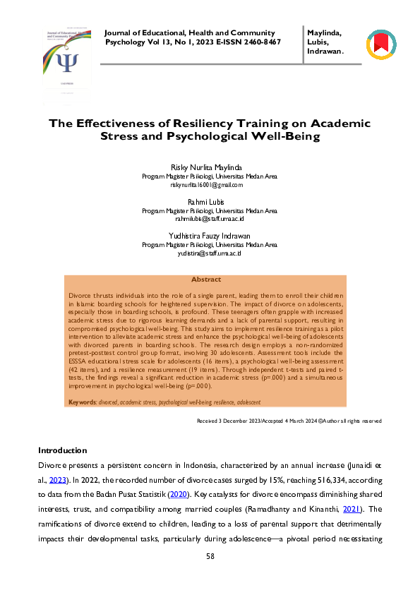 (PDF) The Effectiveness of Resiliency Training on Academic Stress and Psychological Well-Being ...