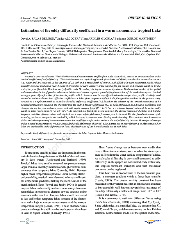 (PDF) Estimation of the eddy diffusivity coefficient in a warm ...