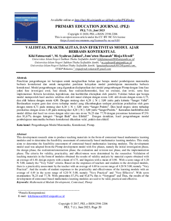 (PDF) Validitas, Praktikalitas, Dan Efektivitas Modul Ajar Berbasis Kontekstual
