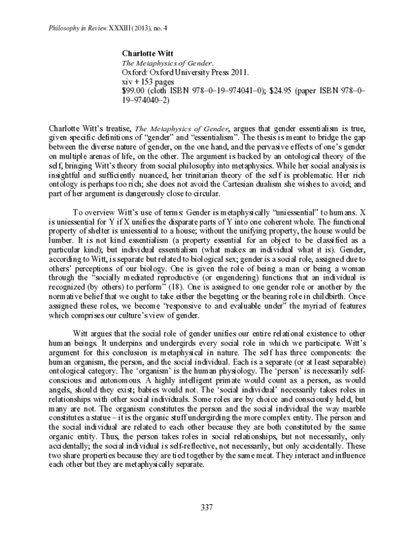 (PDF) Charlotte Witt , The Metaphysics of Gender . Reviewed by