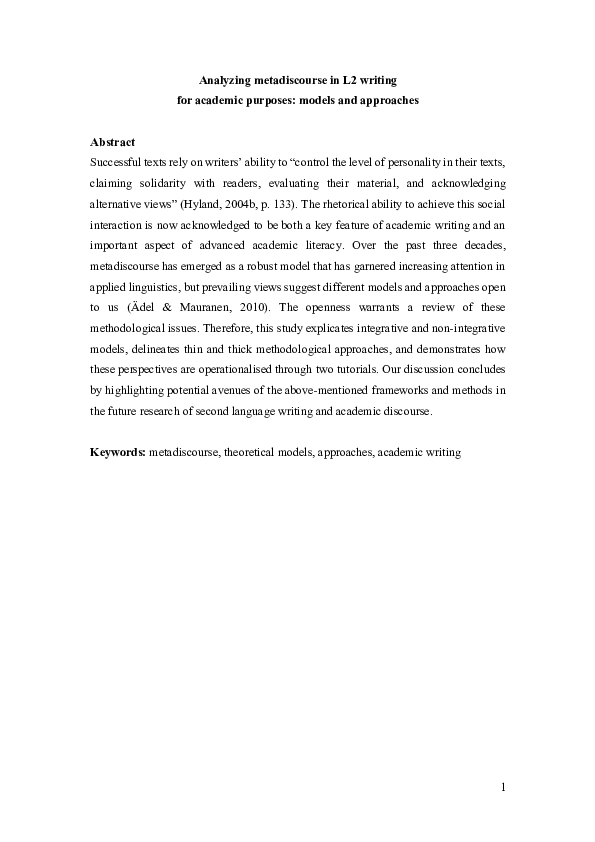 (PDF) Analyzing metadiscourse in L2 writing for academic purposes ...
